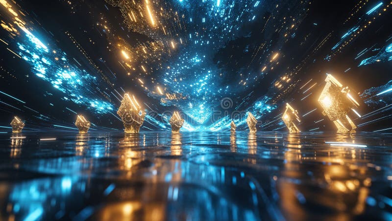 Golden Glowing Rocks Floating on Reflective Surface with Blue and ...