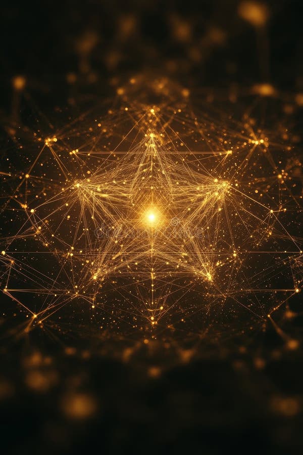 Golden Glowing Star Fractal, with Interconnected Nodes and Lines, on ...
