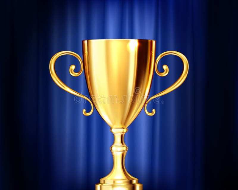 Golden Glowing Trophy Cup on a Dark Blue Background Stock Illustration ...