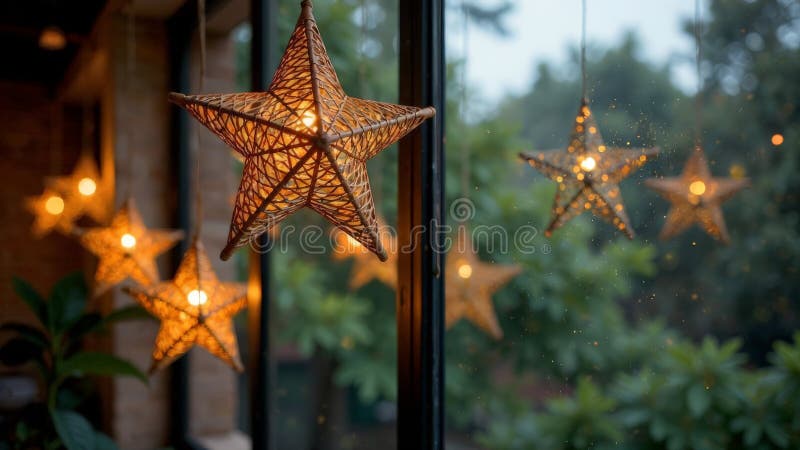 Golden Glowing Woven Stars Hang on the Window Stock Illustration ...