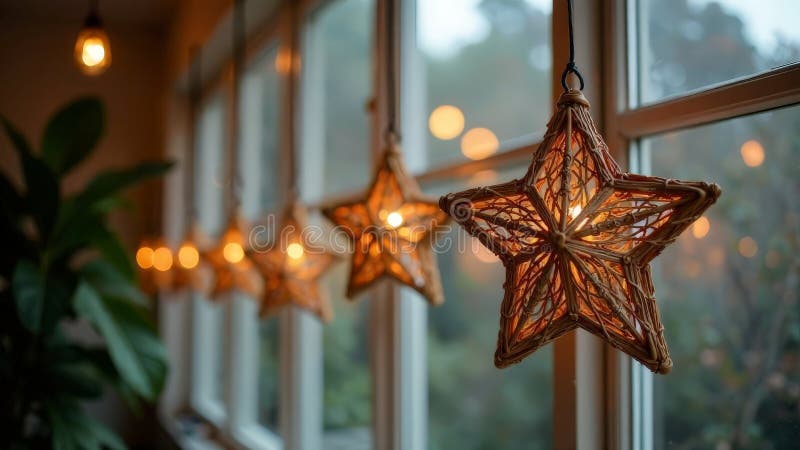 Golden Glowing Woven Stars Hang on the Window Stock Illustration ...