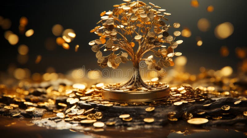 Golden Gold Coin Tree Has Coins As Leaves that Fall. Generative AI ...