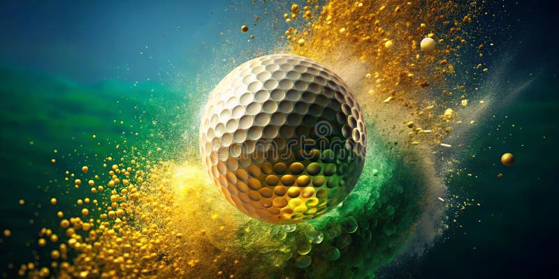 Golden Golf Ball Exploding in a Vibrant Green and Gold Powder Cloud ...