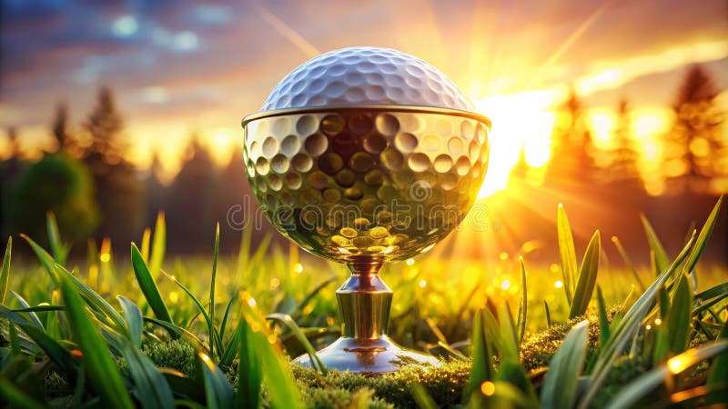 Golden Golf Ball Trophy at Sunset in Lush Green Grass. Generative AI ...