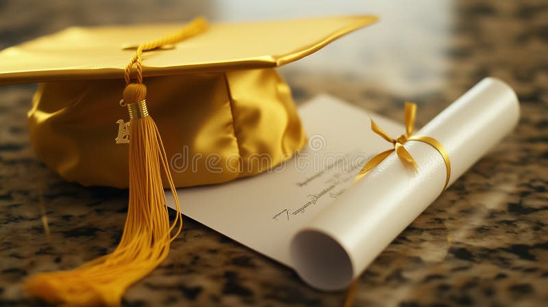 A Golden Graduation Cap Alongside an Elegantly Rolled Diploma ...