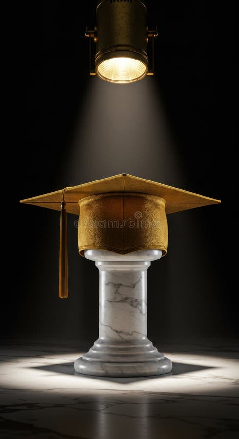 Golden Graduation Cap on Marble Column Under Spotlight Stock ...