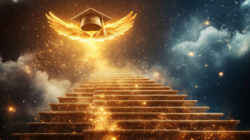 Golden Graduation Cap Wings Ascend Celestial Staircase Stock ...