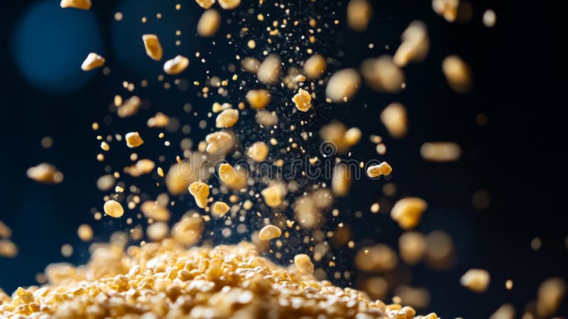 Golden Granola Crumbles Falling Against Dark Background Stock ...