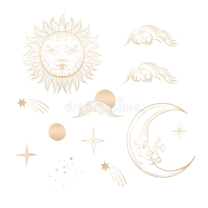 Golden Graphic Sun and Moon Isolated. Vector. Stock Vector ...
