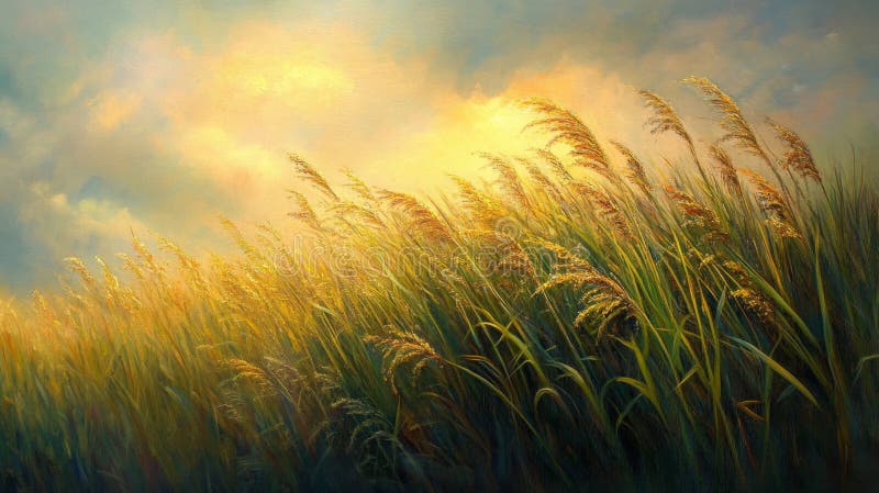 Golden Grass Field at Sunset Stock Illustration - Illustration of ...