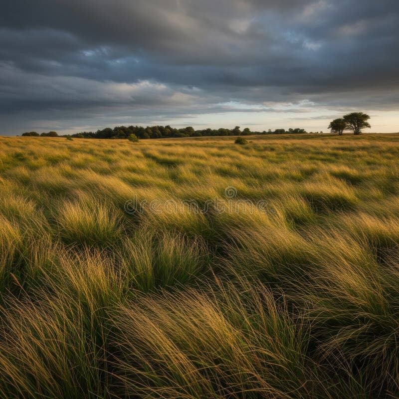 Golden Grass Field Under a Dramatic Stormy Sky Stock Illustration ...