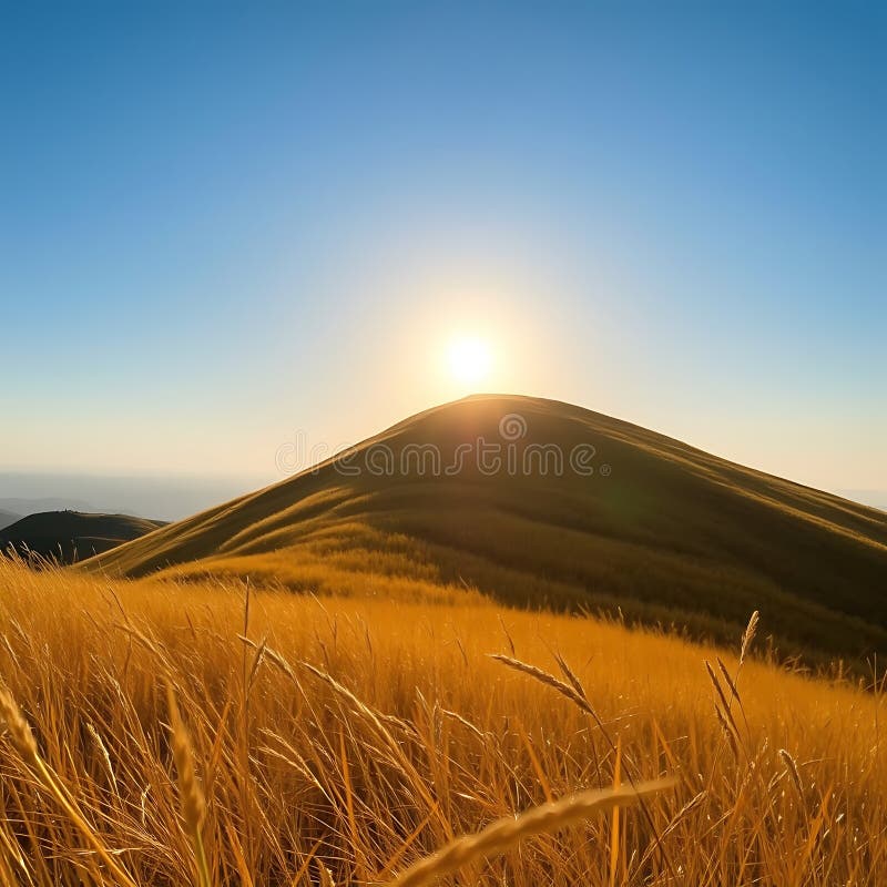 Golden Grass with Sun Peeking Over Hill Stock Illustration ...
