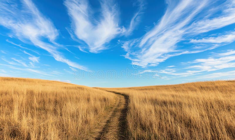 Golden Grassland Path Under a Blue Sky with Wispy Clouds Stock Photo ...