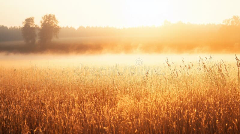 Golden Grassland Sunrise Mist Soft Light Stock Illustration ...