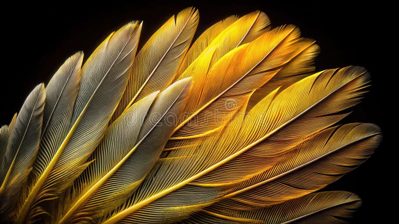 Golden and Gray Bird Feathers Arranged in a Fan Shape Against a Black ...