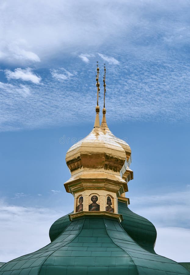Golden Green Domes of the Church on a Background of Sky. Stock Photo ...