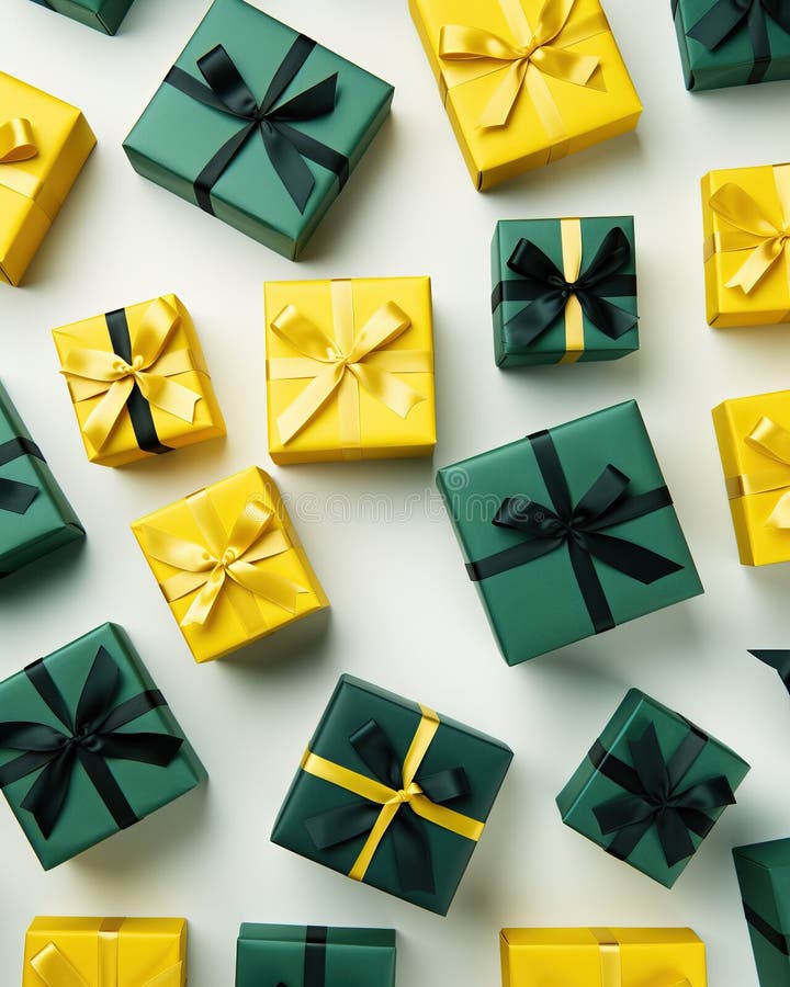 Golden and Green Gift Boxes Flat Lay Stock Illustration - Illustration ...