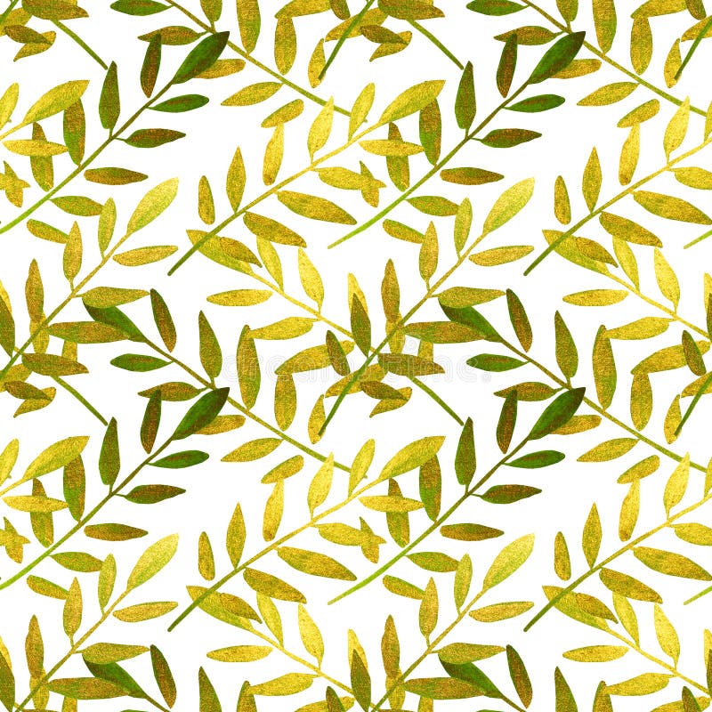 Golden and Green Hand-painted Leaves on White Background, Seamless ...