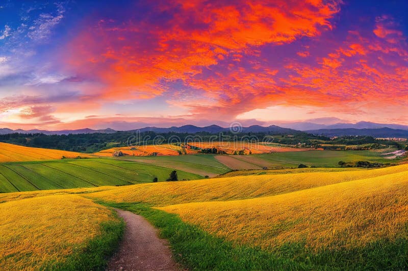Golden Green Meadows Beautiful Nature with Sunset Dramatic Sky. Stock ...