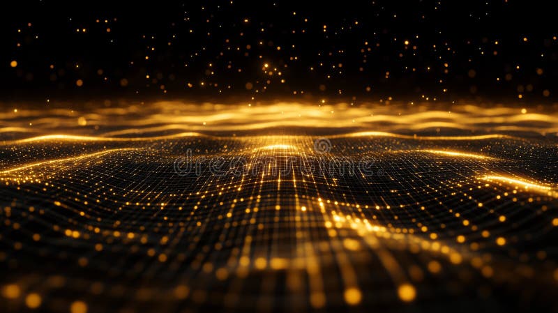 Golden Grid Waving with Glowing Particles in a Black Background Stock ...
