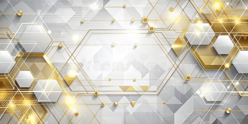 Golden Grid a White and Gold Geometric Abstract Background with Glowing Elements and Hexagonal ...