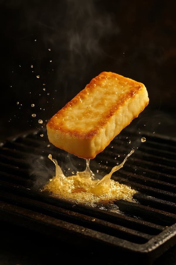 Golden Grilled Cheese Splashing on Hot Pan with Dramatic Steam and ...