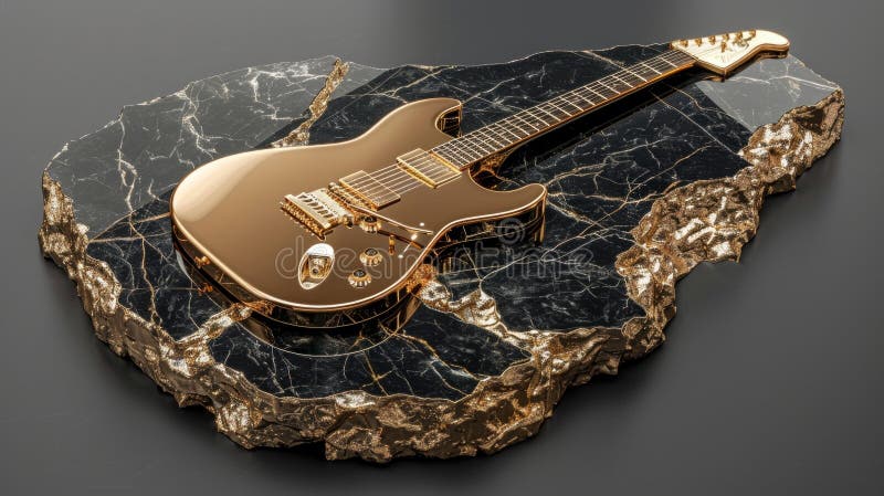 Golden Guitar Rests Elegantly Atop a Black Rock, Contrasting Colors ...