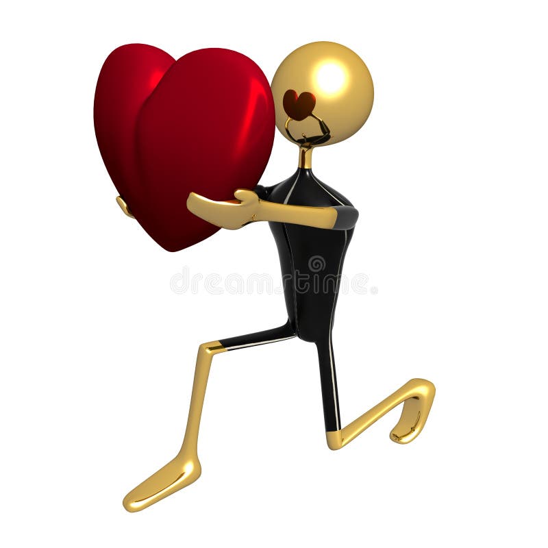 Golden Guy with Red Heart in Love 3D Illustration Stock Illustration ...