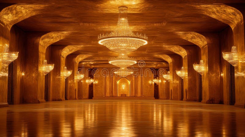 Golden Hall with Crystal Chandeliers and Reflective Floor Stock ...