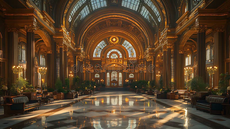 Golden Hall Sunlit Lobby Interior Architecture Stock Illustration ...