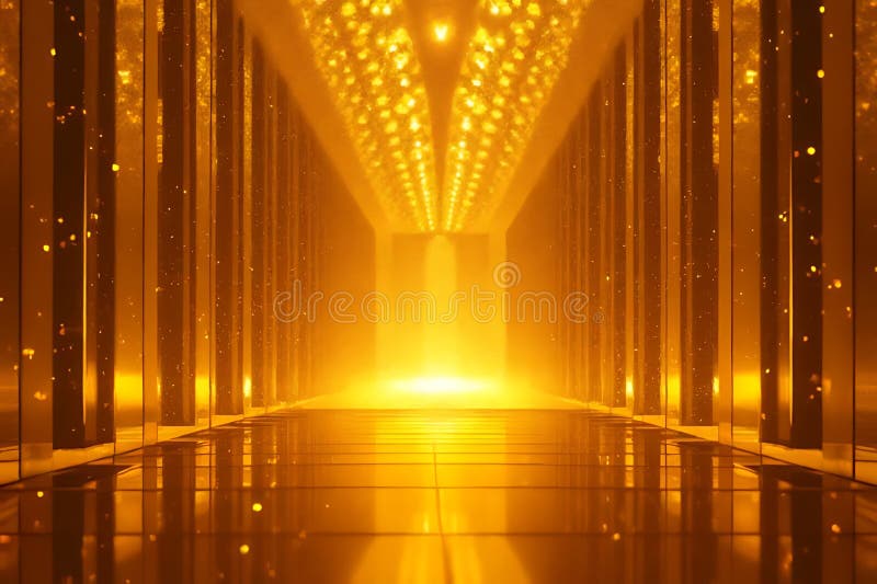 A Golden Hallway with Reflective Surfaces Leads To a Bright, Luminous ...