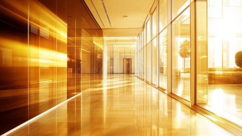 Golden Hallway with Sunlight Streaming through Windows Stock ...