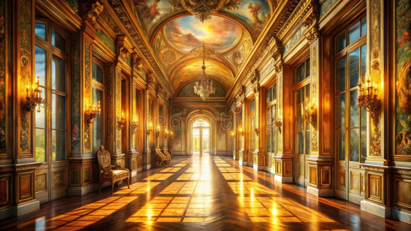 Golden Hallway a Sunlit Baroque Perspective Stock Illustration ...