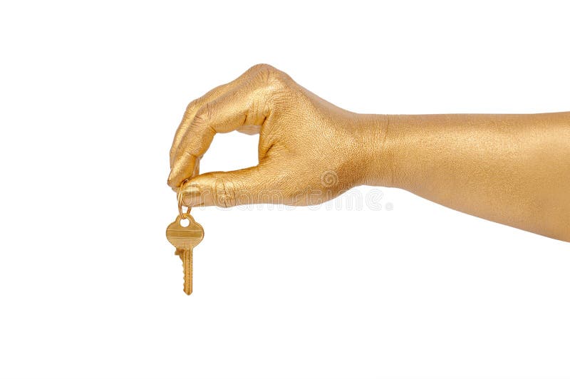 Golden Hand with a Key Over White Stock Image - Image of metallic ...