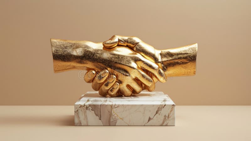 Golden Handshake Sculpture on a Marble Base. Stock Photo - Image of ...