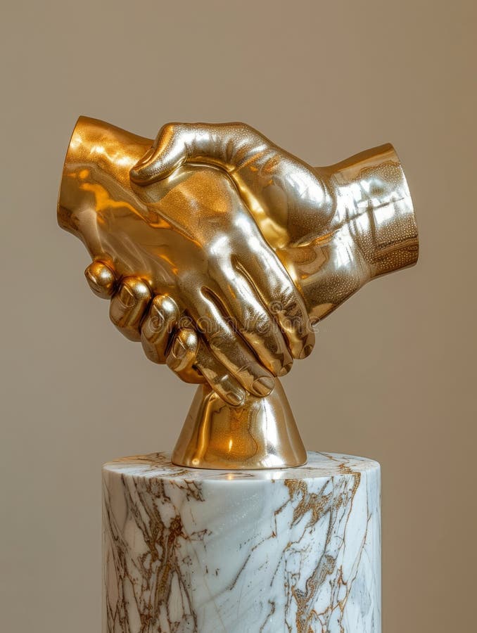 Golden Handshake Sculpture on a Marble Base. Stock Photo - Image of ...