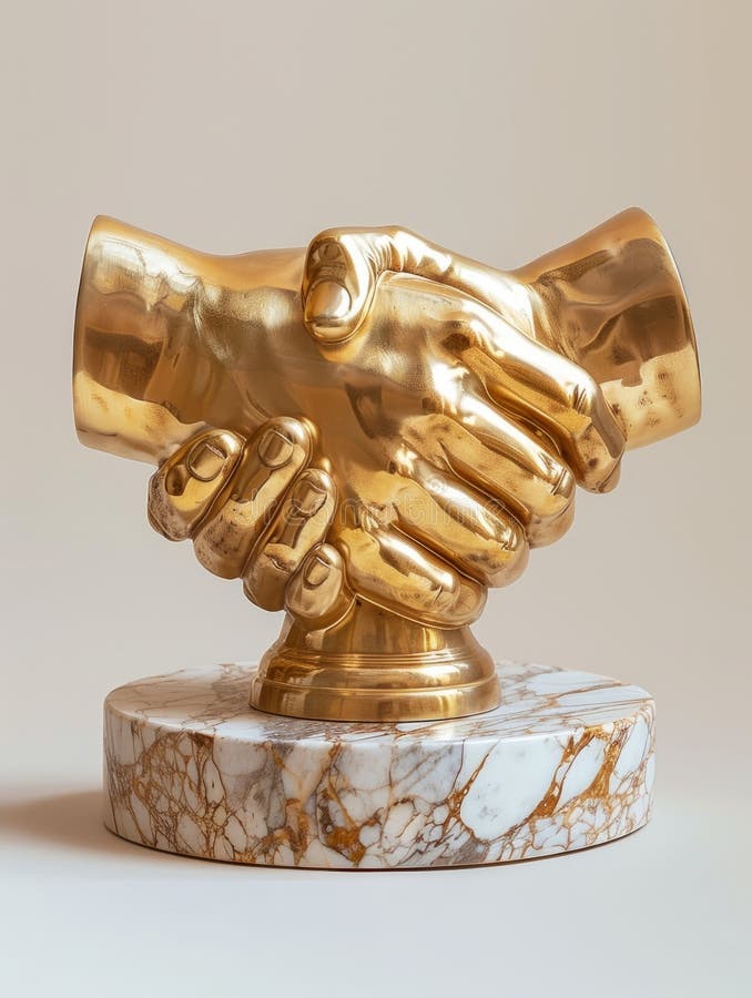 Golden Handshake Sculpture on a Marble Base Stock Photo - Image of ...