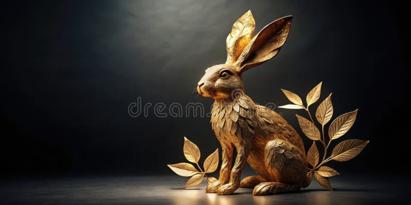 Golden Hare Statue with Gilded Leaves on Dark Background. Generative AI ...