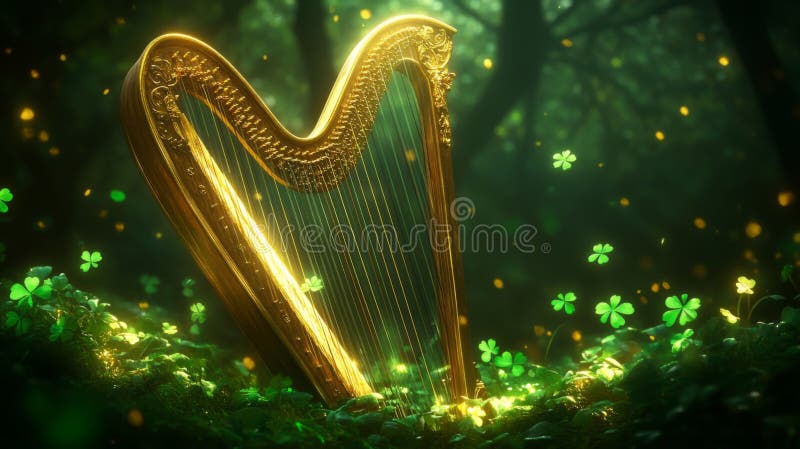 Golden Harp Rests among Lush Green Clover Stock Illustration ...