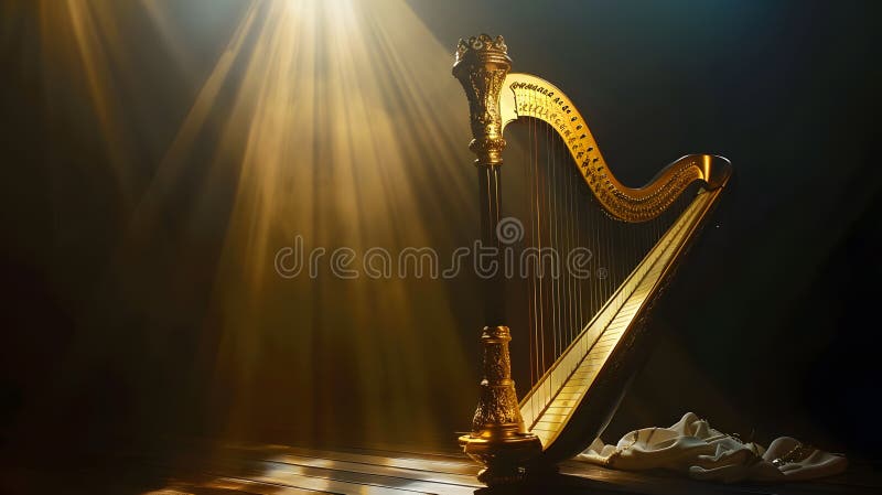 Golden Harp Standing in the Spotlight on Dark Stage Stock Illustration ...