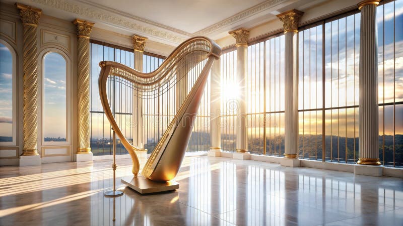 Golden Harp in a Sunlit Grand Hall with Elegant Columns and Panoramic ...
