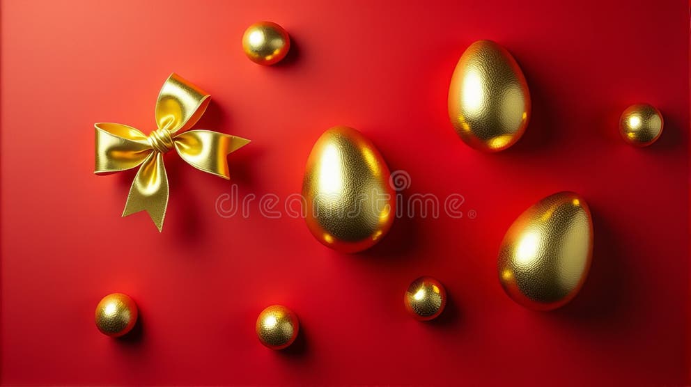 Golden Harvest: Easter Eggs and Bow on Ruby Red Surface (Generated ...