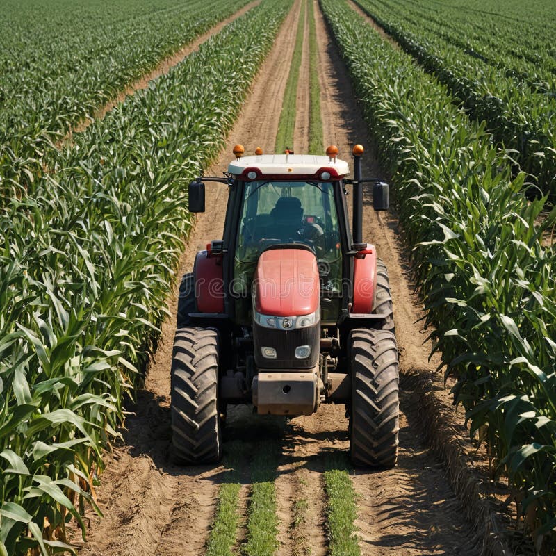 Golden Harvest Tractor Riding through Lush Cornfield Landscape Stock ...