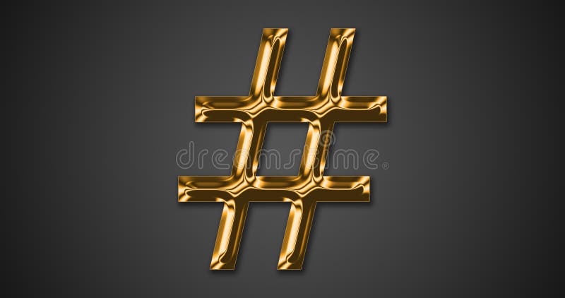 Golden Hashtag Symbol. 3D Render Shiny Metal Font Isolated on Black ...