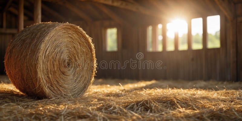 Golden Hay Bale Inside Rustic Barn with Sunlight Beams. Stock Image ...