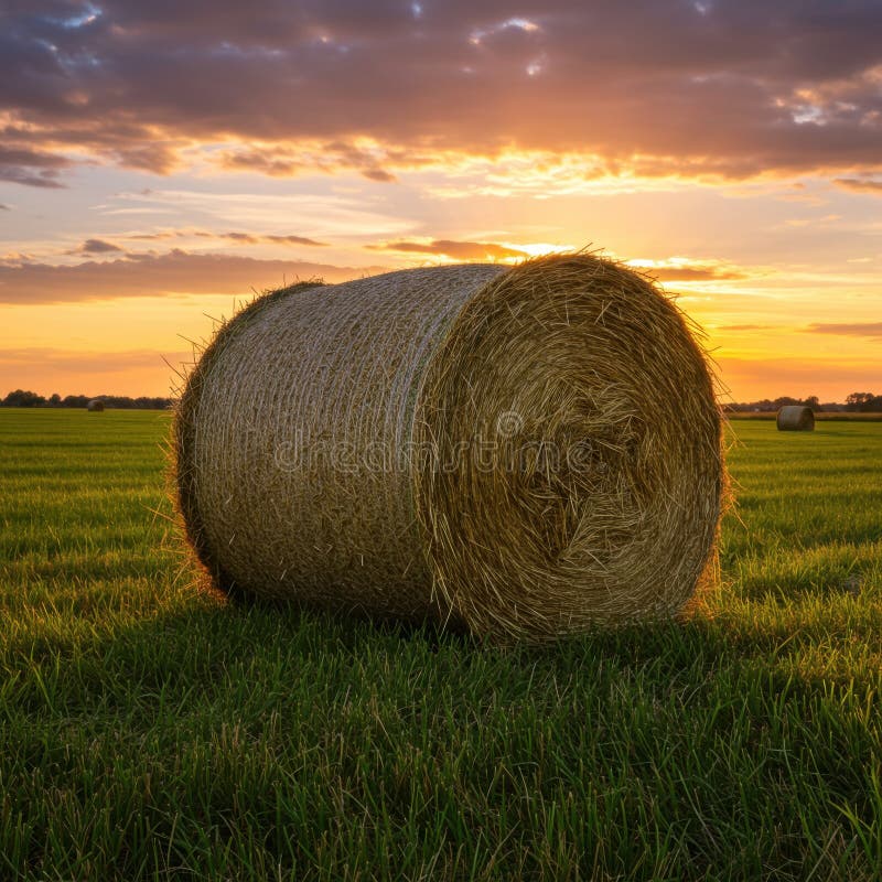 Golden Hay Bale at Sunset in a Green Field Stock Illustration ...