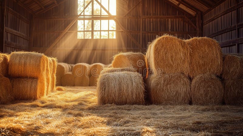 Golden Hay Bales are Stacked Inside a Rustic Barn with Soft Natural ...