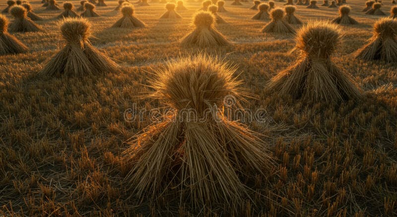 Golden Haystacks at Sunset in a Rural Field Stock Illustration ...