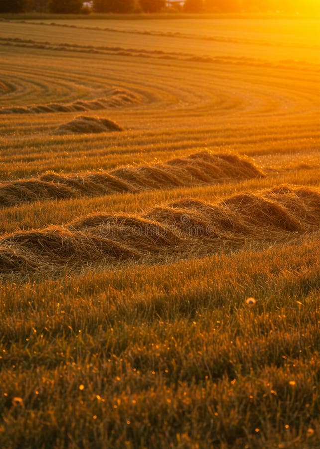 Golden Haystacks at Sunset in a Rural Field Stock Illustration ...