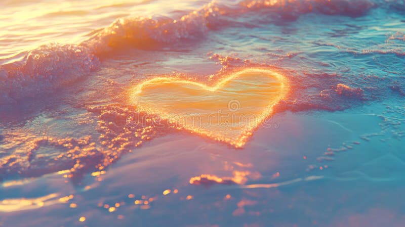 Golden Heart Drawn in Sand on Ocean Beach at Sunset Stock Illustration ...